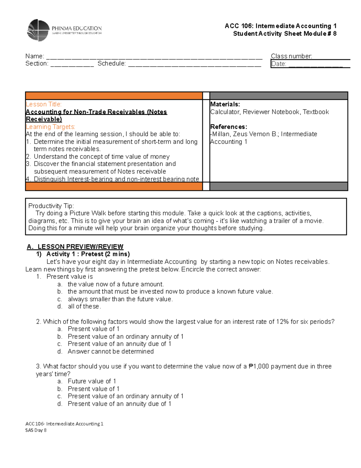 ACC 106 SAS 8 - ACC 106 module 8 - Student Activity Sheet Module # 8 Name: - Studocu