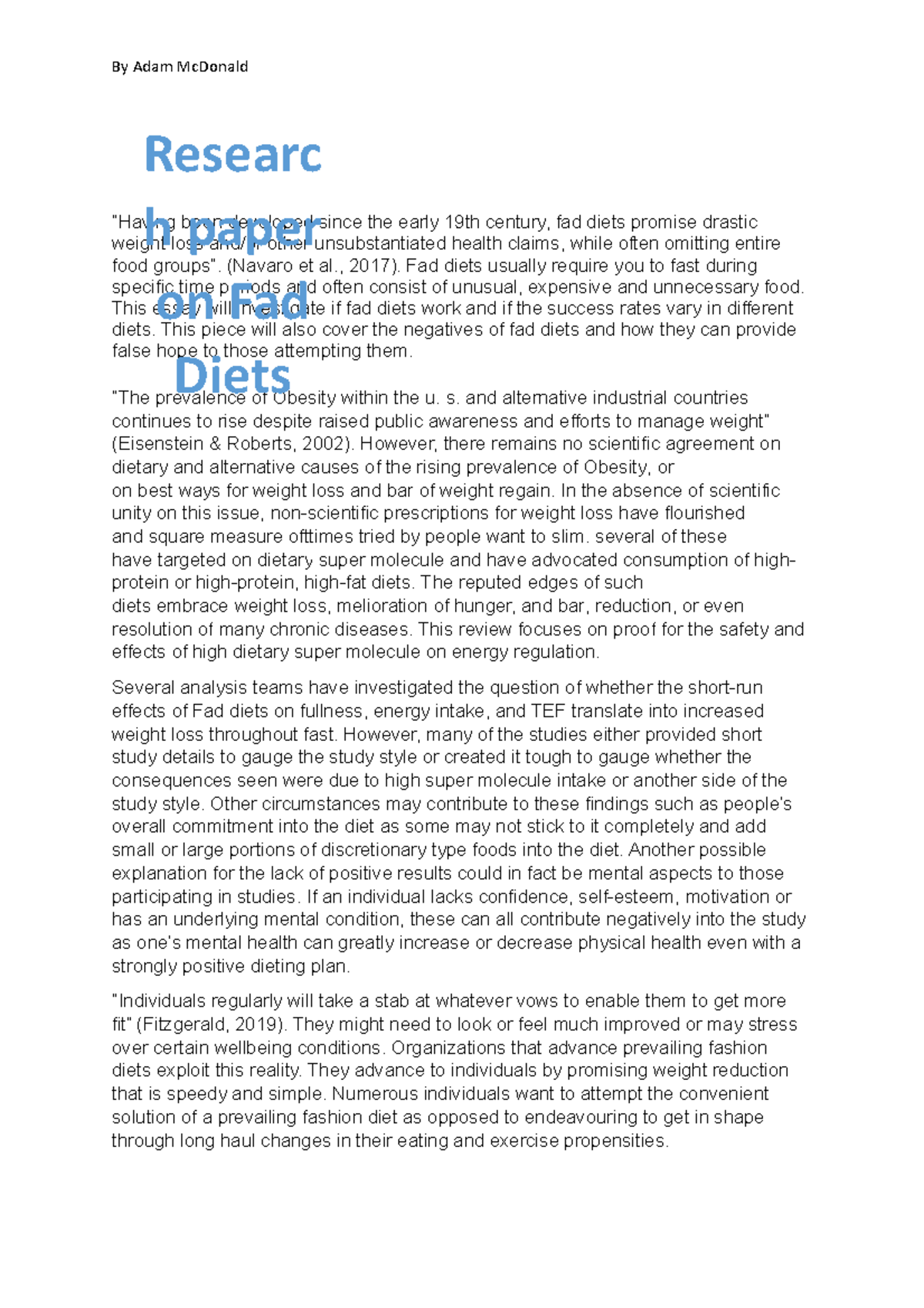 Research paper Adam mc - Researc h paper on Fad Diets By Adam McDonald ...