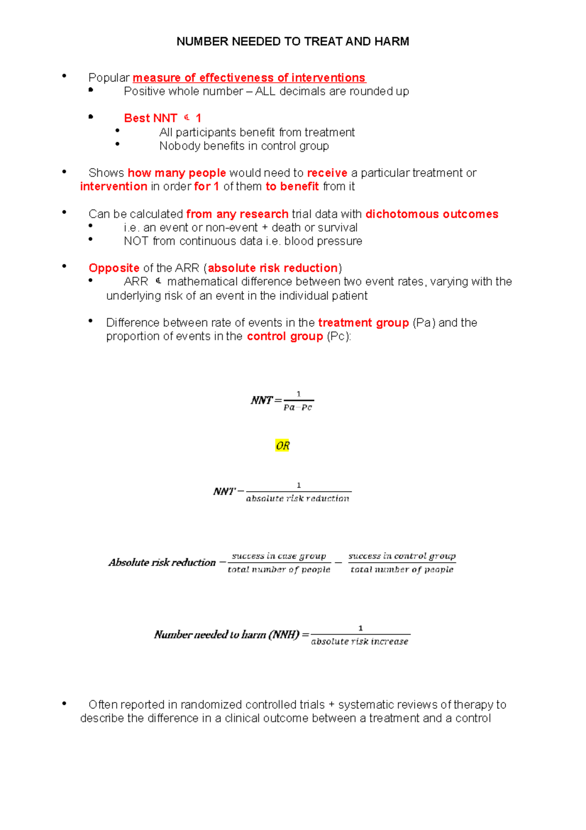 NNTT and NNTH - Lecture notes 4 - NUMBER NEEDED TO TREAT AND HARM ...