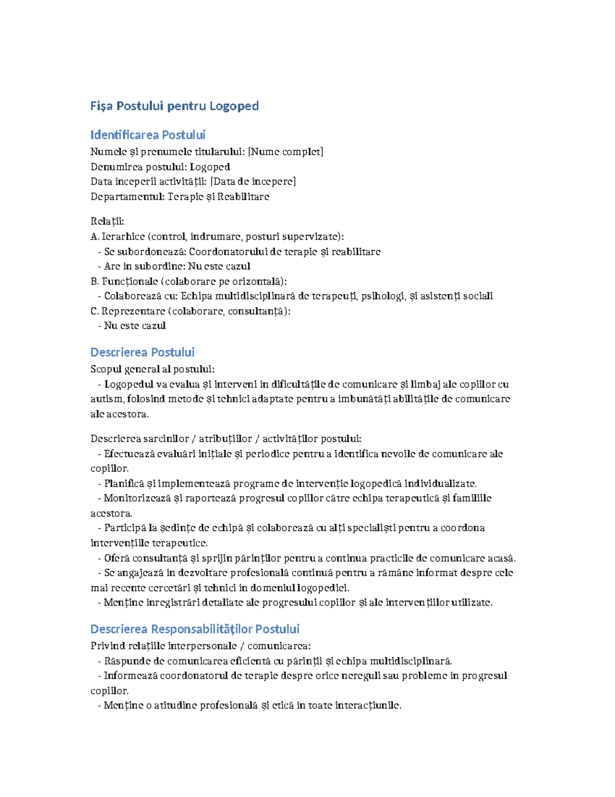 Fisa Postului Logoped Final - Fișa Postului pentru Logoped ...