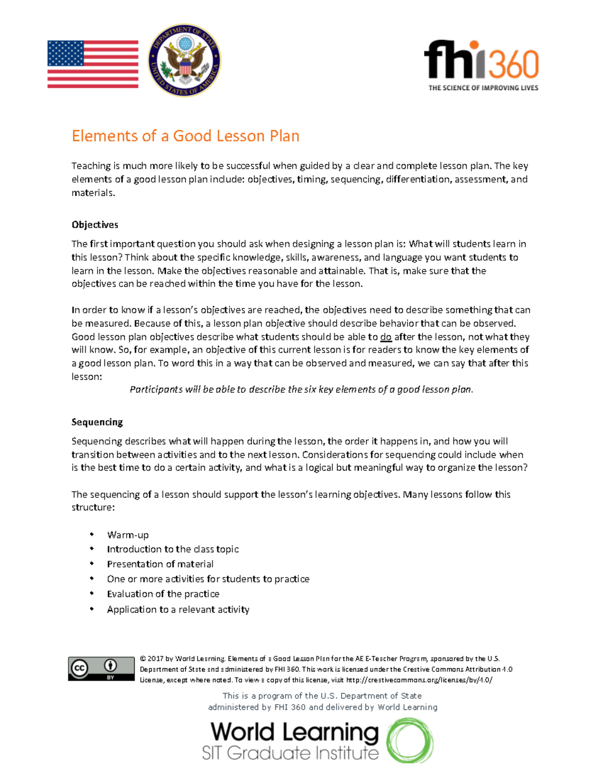 Elements of a Good Lesson Plan handout - This is a program of the U ...