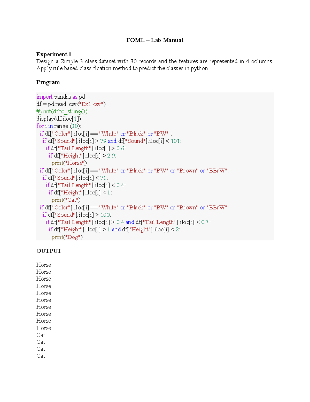 FOML lab manual - Part 1 - FOML – Lab Manual Experiment 1 Design a ...