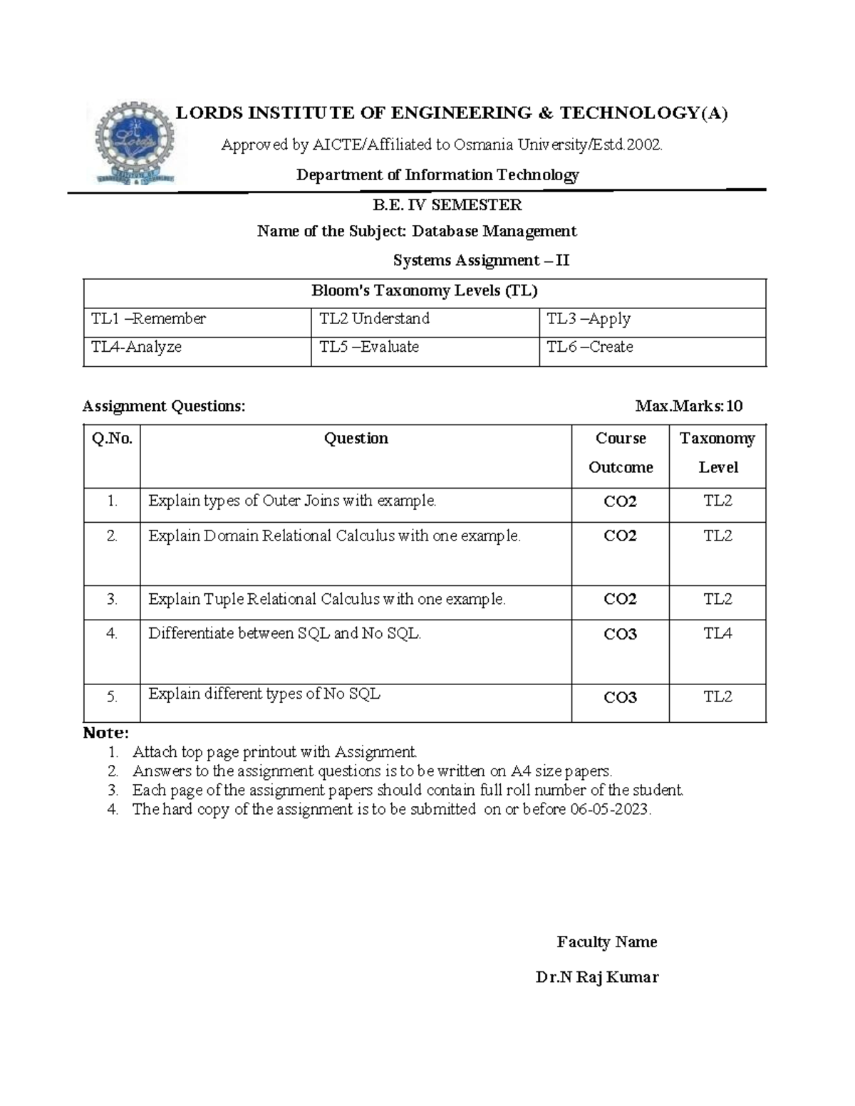 DBMS Autonomous- Assignment II - LORDS INSTITUTE OF ENGINEERING & TECHNOLOGY(A) Approved by ...