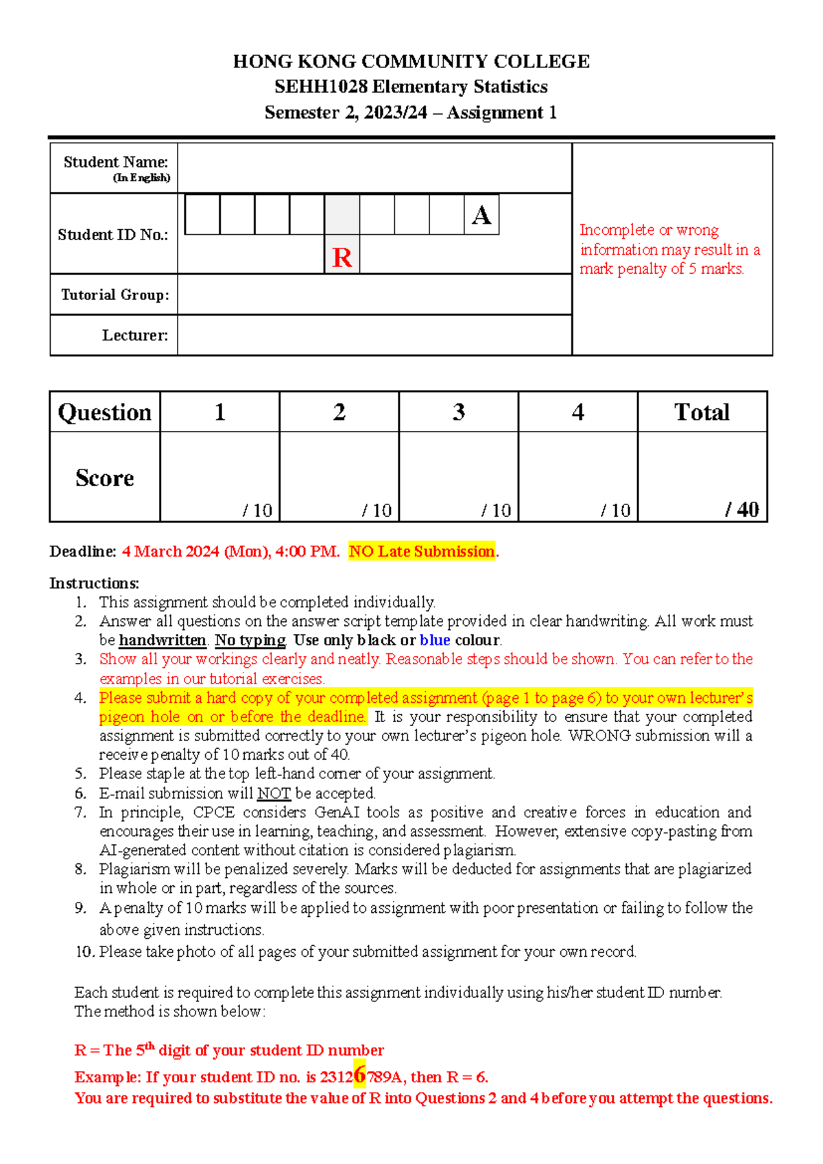 SEHH1028-Assignment 1 (Ans Script) 2324S2 - HONG KONG COMMUNITY COLLEGE SEHH1028 Elementary ...