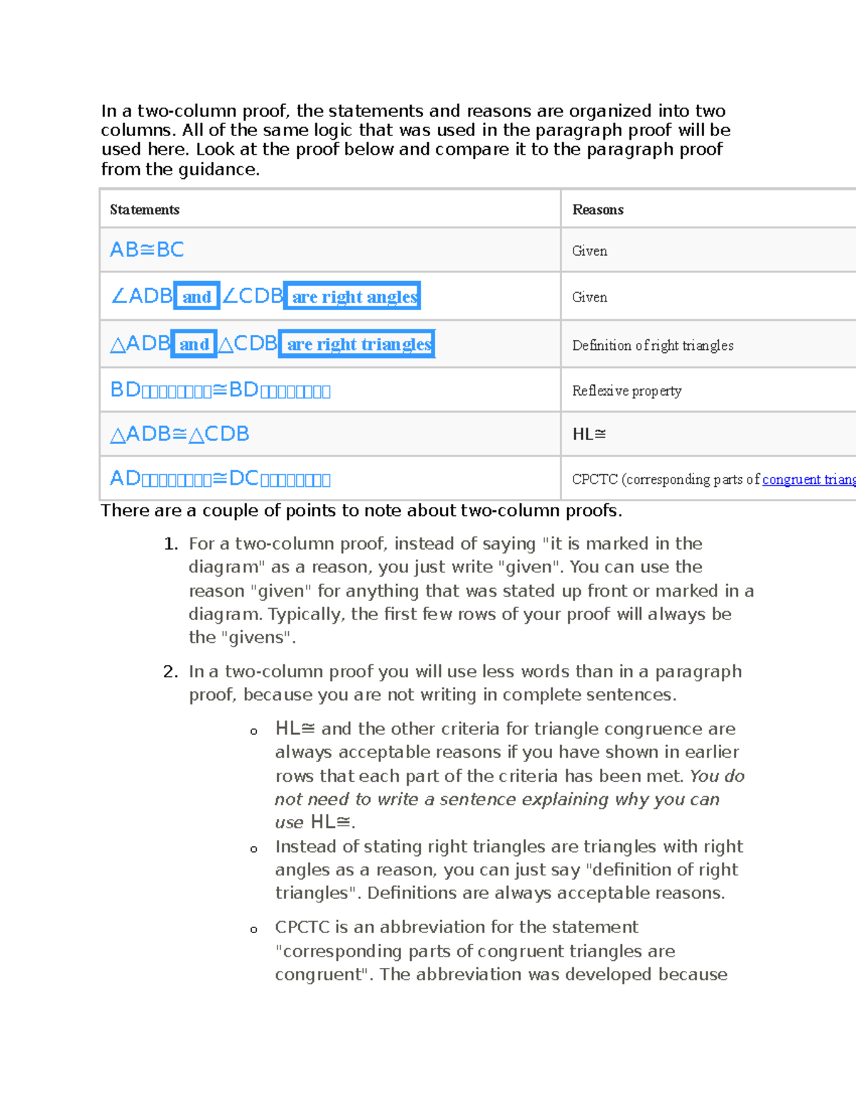 Math lecture notes - In a two-column proof, the statements and reasons ...