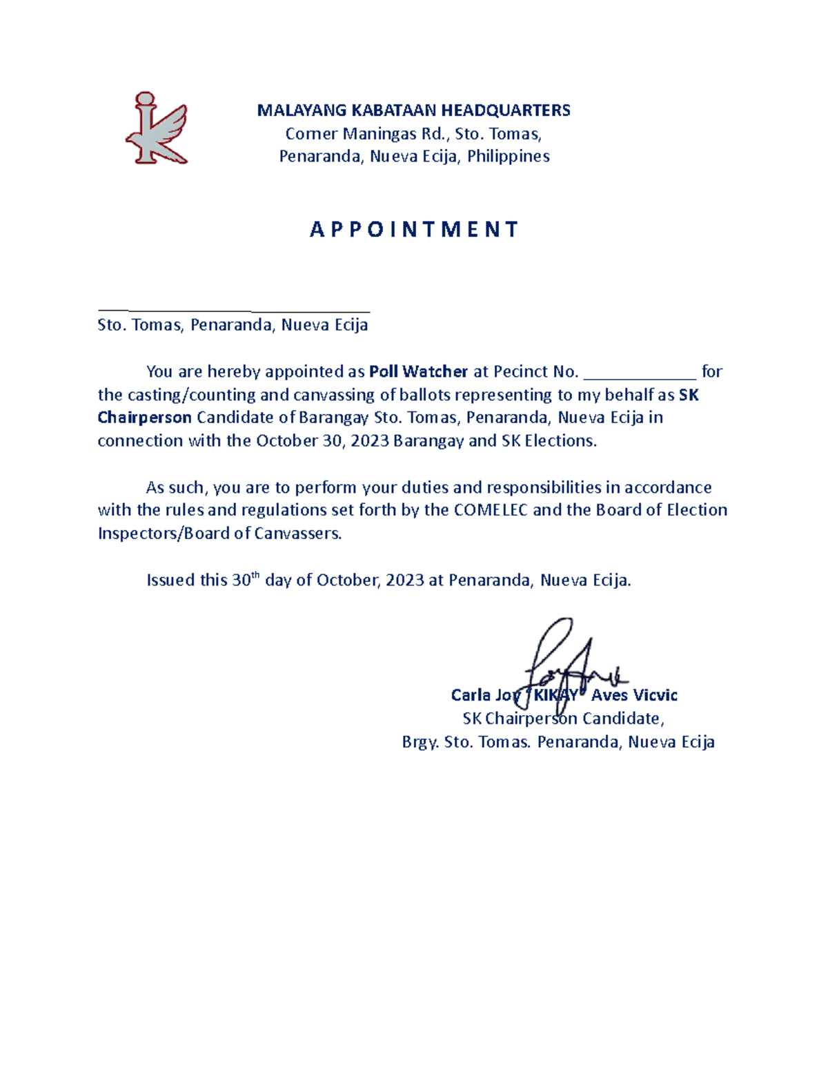 Appoinment POLL Watcher - MALAYANG KABATAAN HEADQUARTERS Corner ...