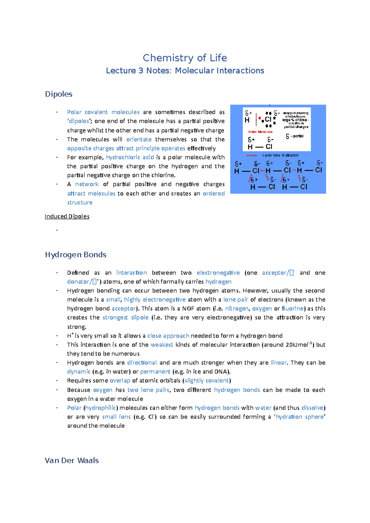 Lecture 3 Notes (Molecular Interactions) - Chemistry of Life Lecture 3 ...