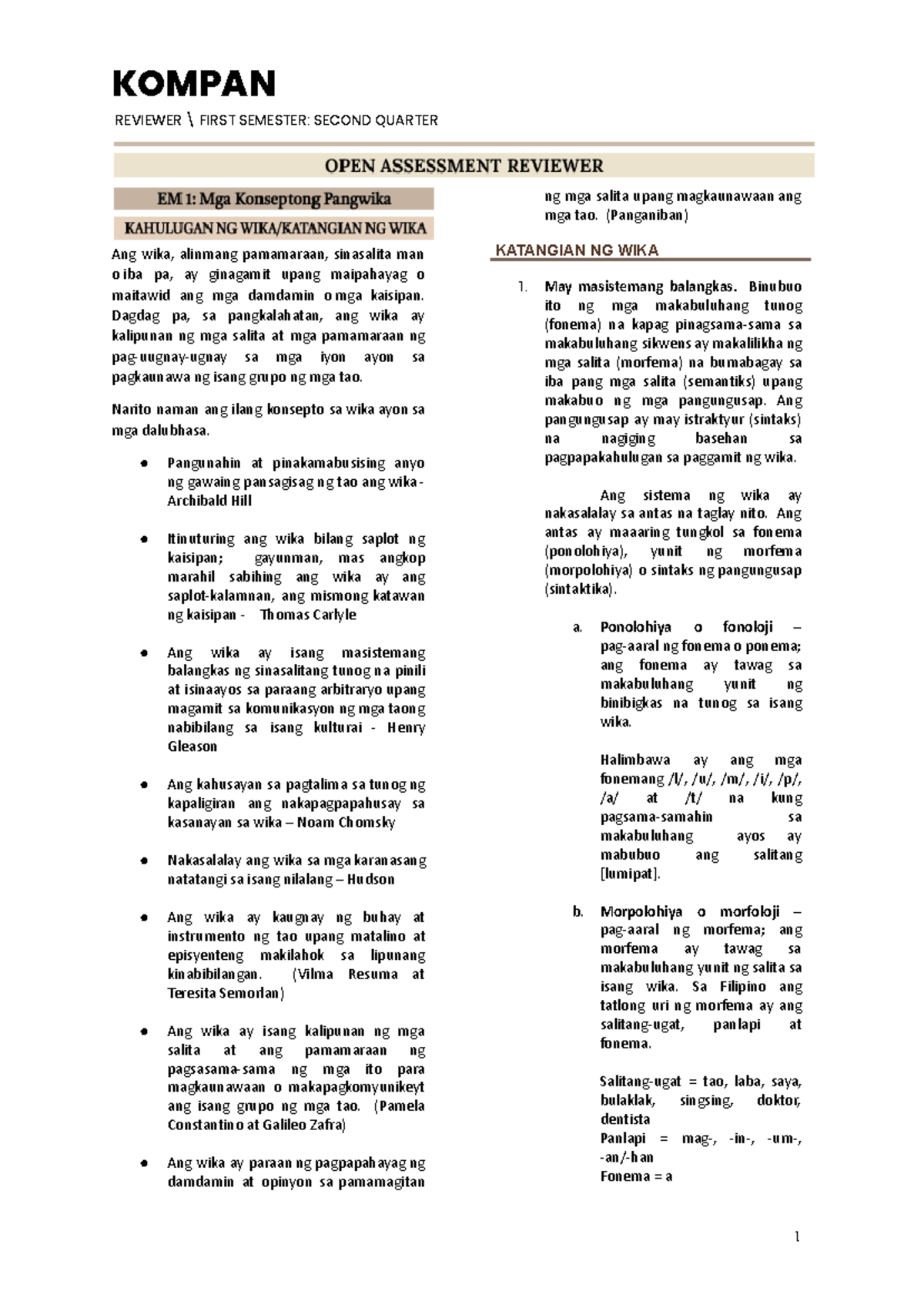 KomPam Reviewer - REVIEWER \ FIRST SEMESTER: SECOND QUARTER Ang wika ...