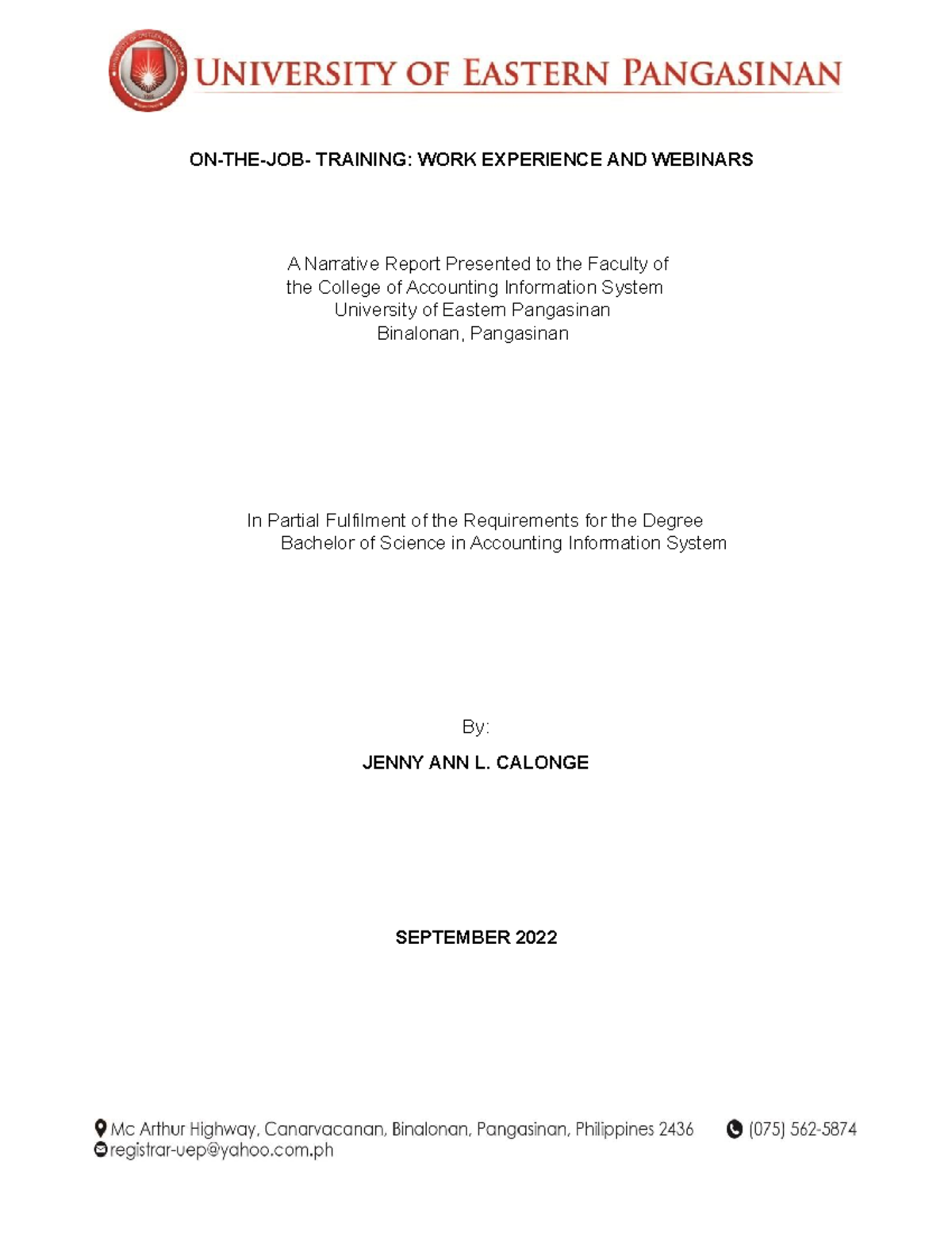 Narrative Report - CALONGE SEPTEMBER 2022 ACKNOWLEDGEMENT With deepest ...