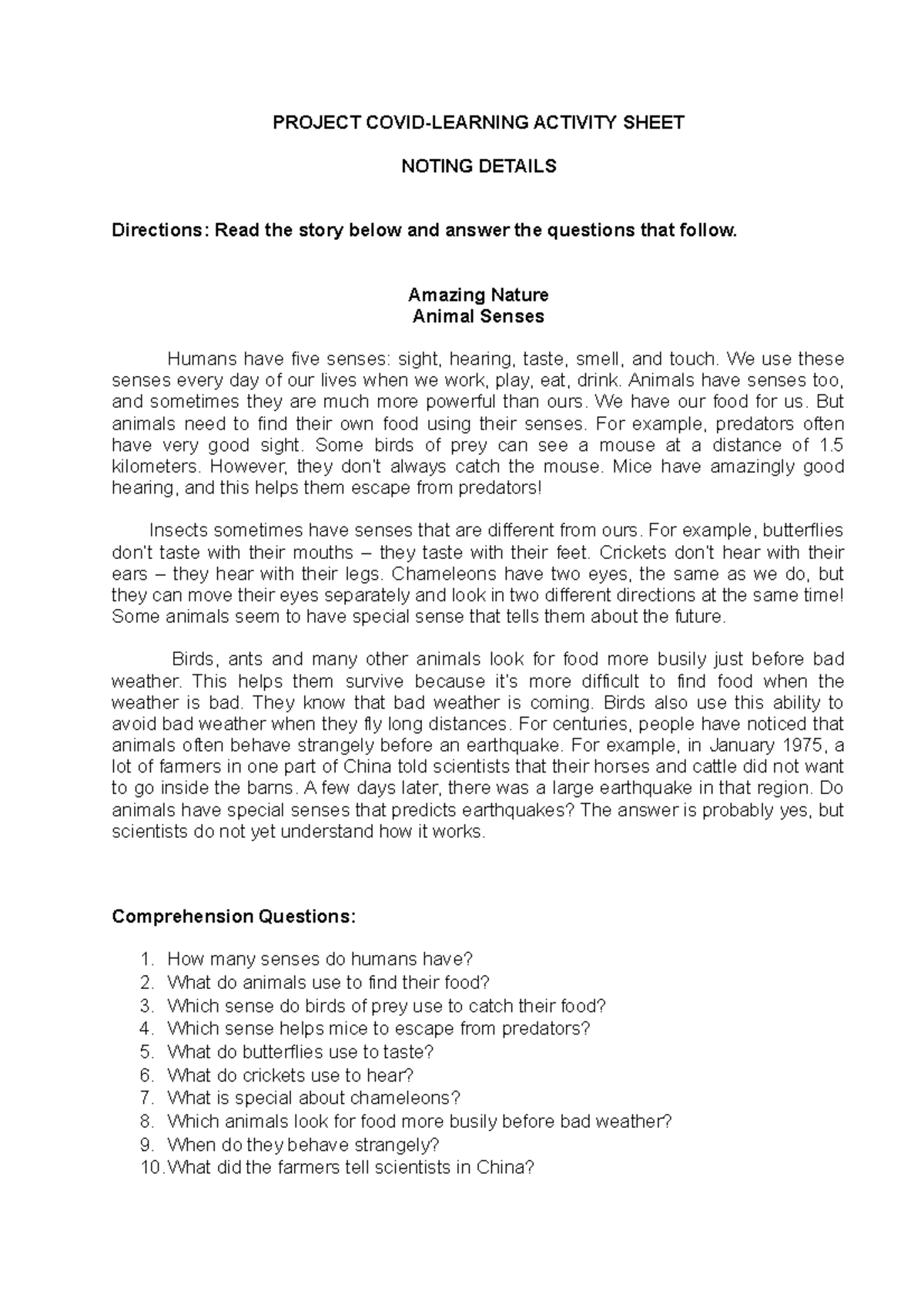 Intervention- Strategies - NOTING DETAILS Directions: Read the story ...