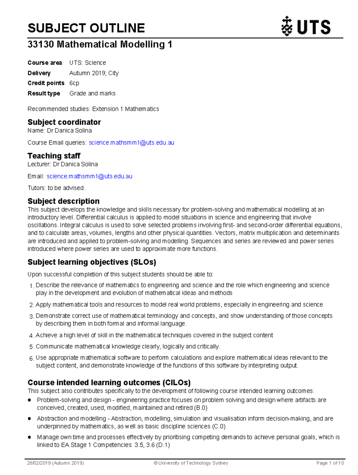 Math subject outline - Summary Mathematical Modelling 1 - SUBJECT OUTLINE 33130 Mathematical ...
