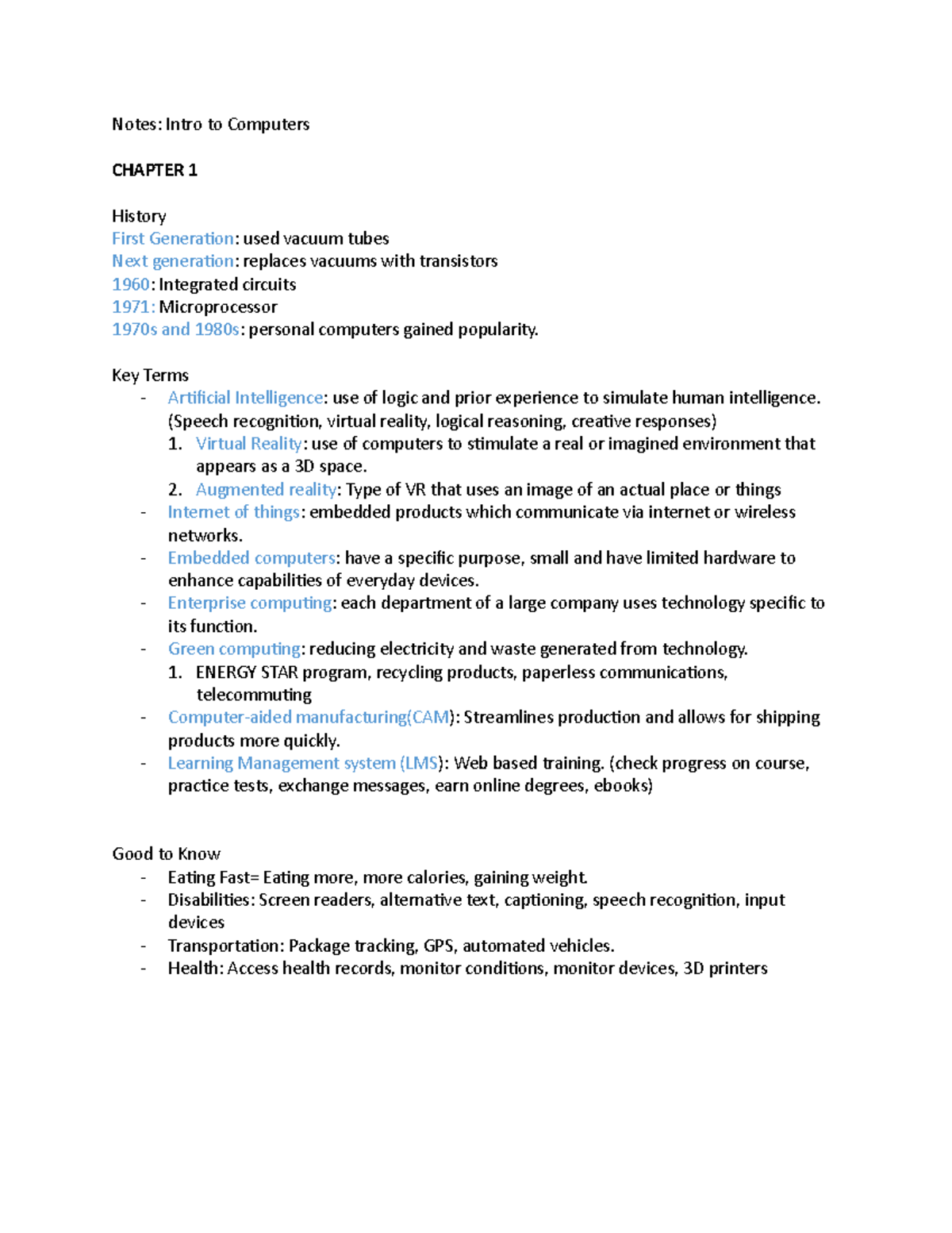Comp Mod 1 Notes - Notes: Intro to Computers CHAPTER 1 History First ...