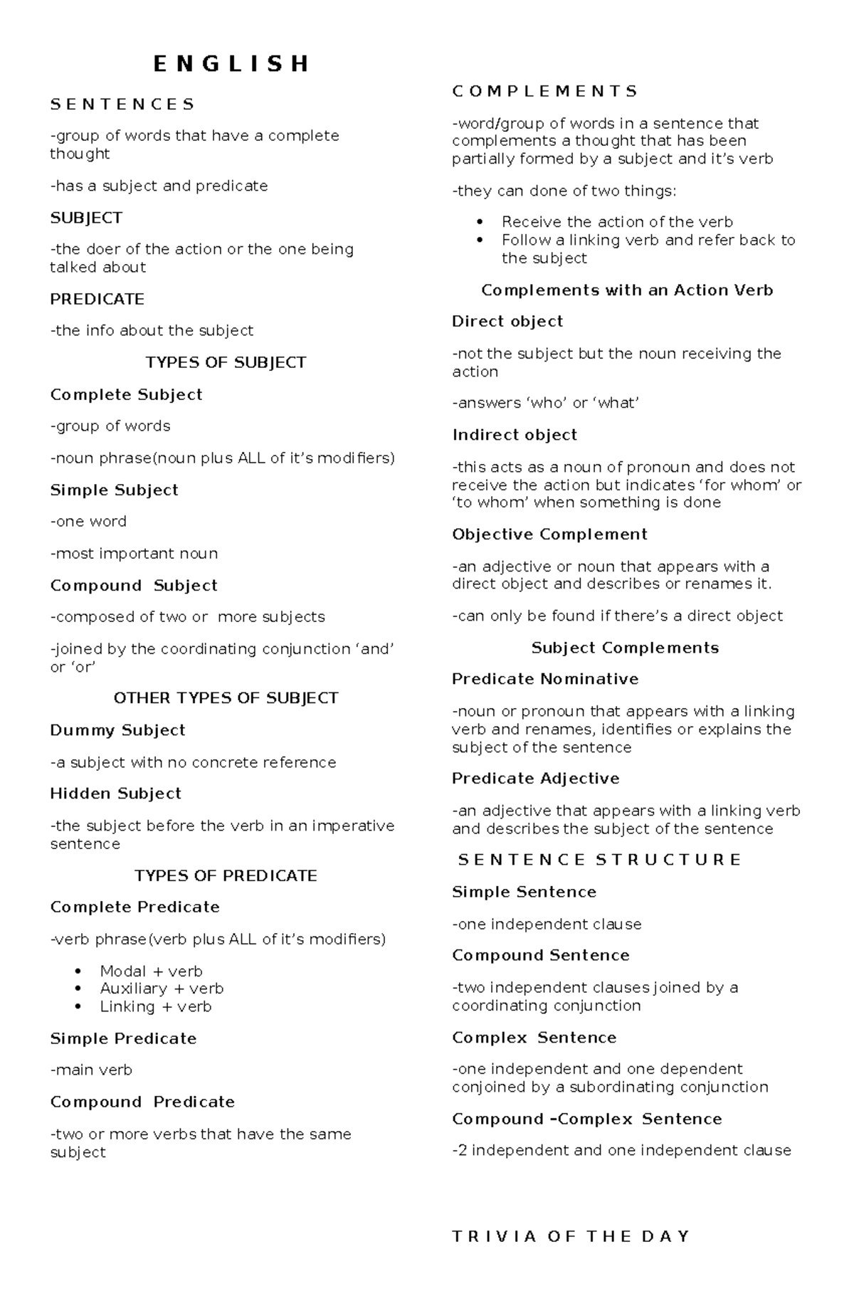 E N G L I S H 1 - Lecture notes 1st Quarter - Structure of English - La ...