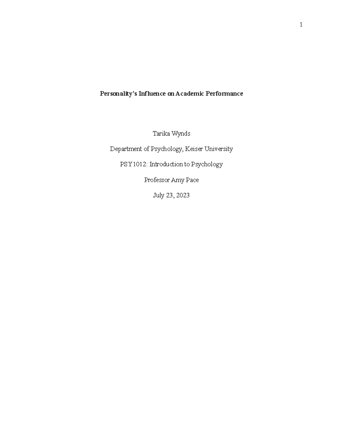 (Tarika Wynds) Week 3 Intro to Psychology final paper template July ...