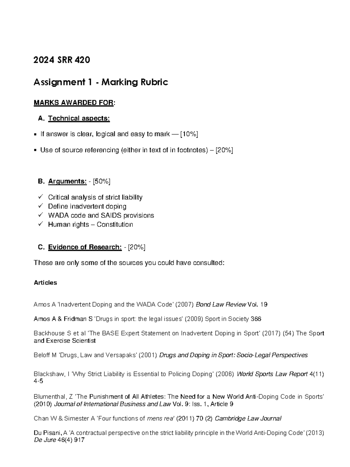 SRR MAY 2024 MEMO - 2024 SRR 420 Assignment 1 - Marking Rubric MARKS ...
