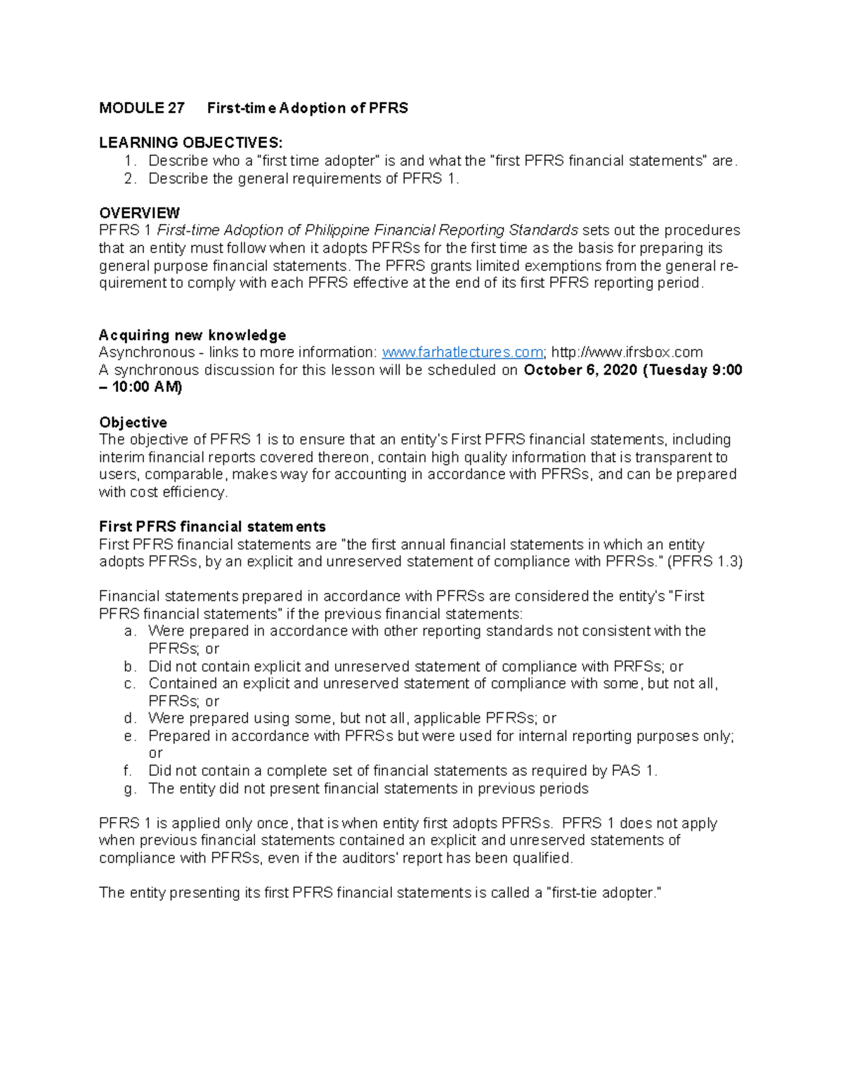 Module 27 First-time Adoption of PFRS Module 27 First-time Adoption of ...