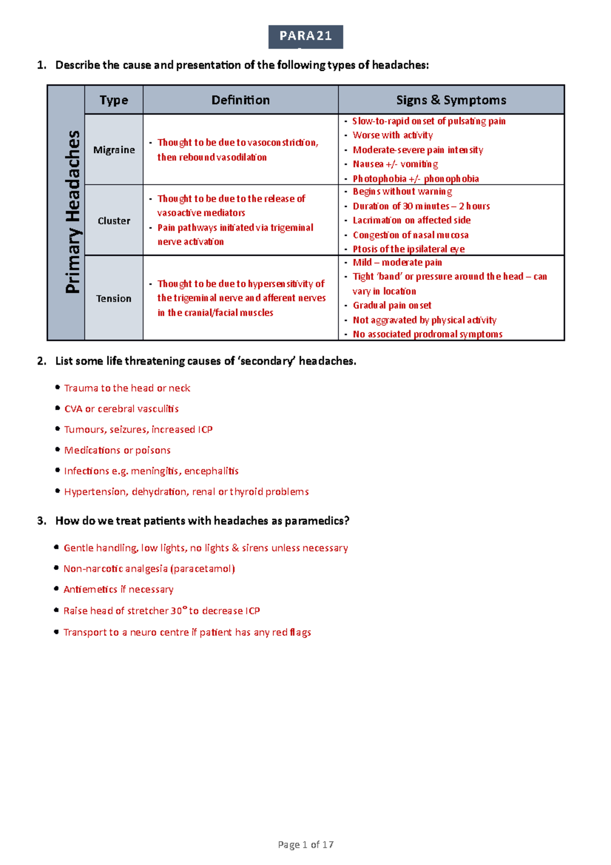PARA210 Week 8 CAL Questions - Headache, Stroke & CNS disorders - 1. Describe the cause and ...