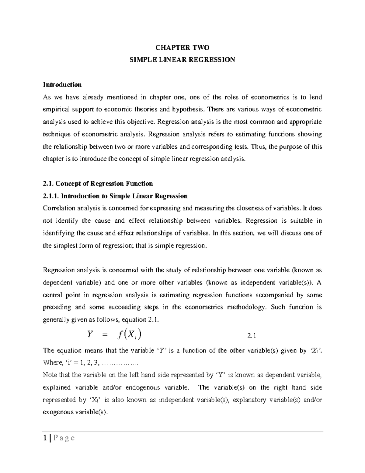 mide regration of econometrics - CHAPTER TWO SIMPLE LINEAR REGRESSION Introduction As we have ...