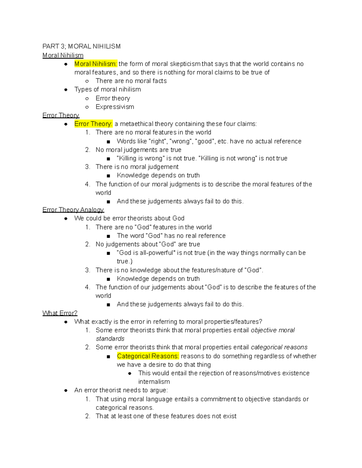 Non-Objective Metaethics; Pt 3 - PART 3; MORAL NIHILISM Moral Nihilism ...