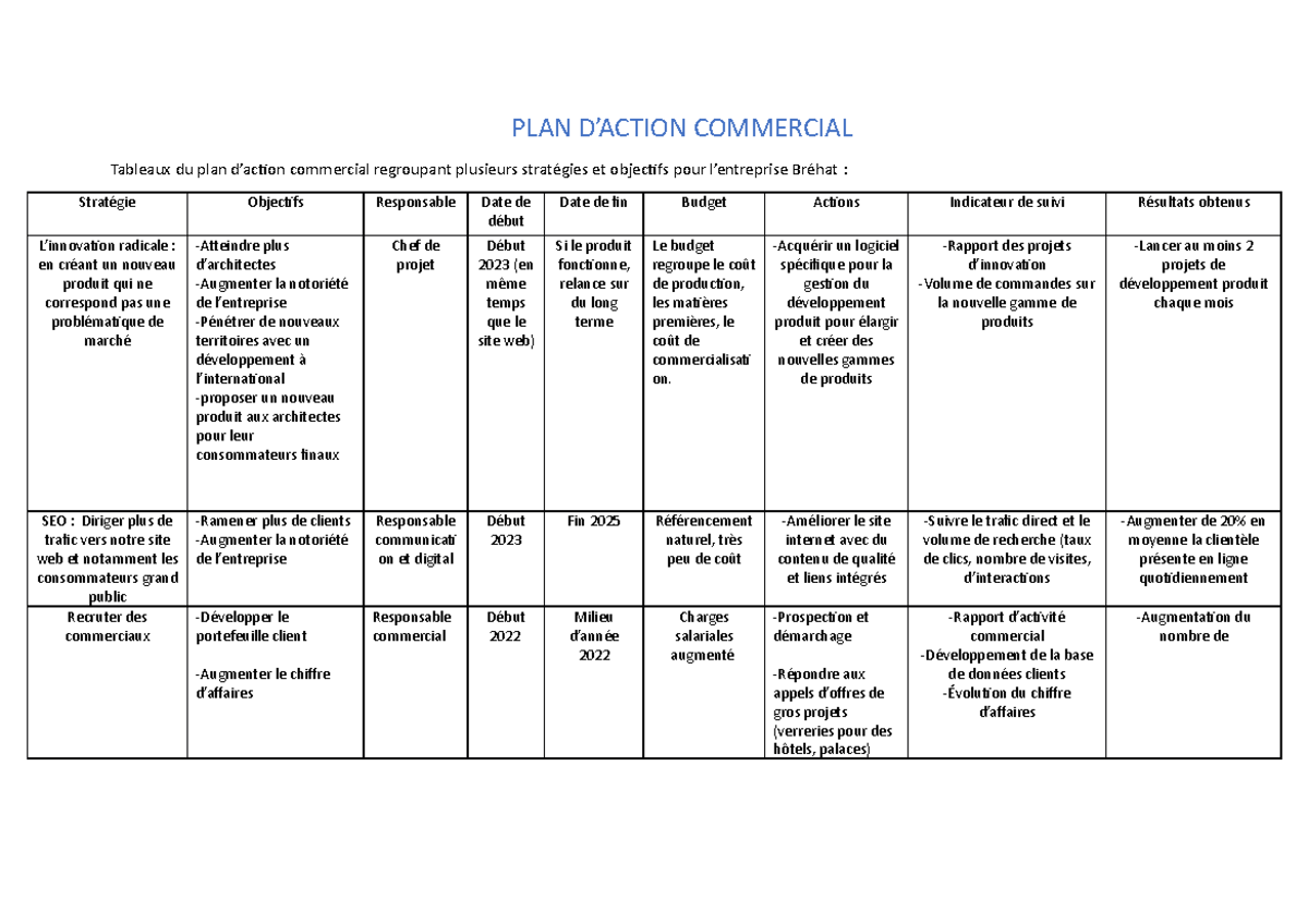 Plan d'action commercial - PLAN D’ACTION COMMERCIAL Tableaux du plan d’action commercial ...