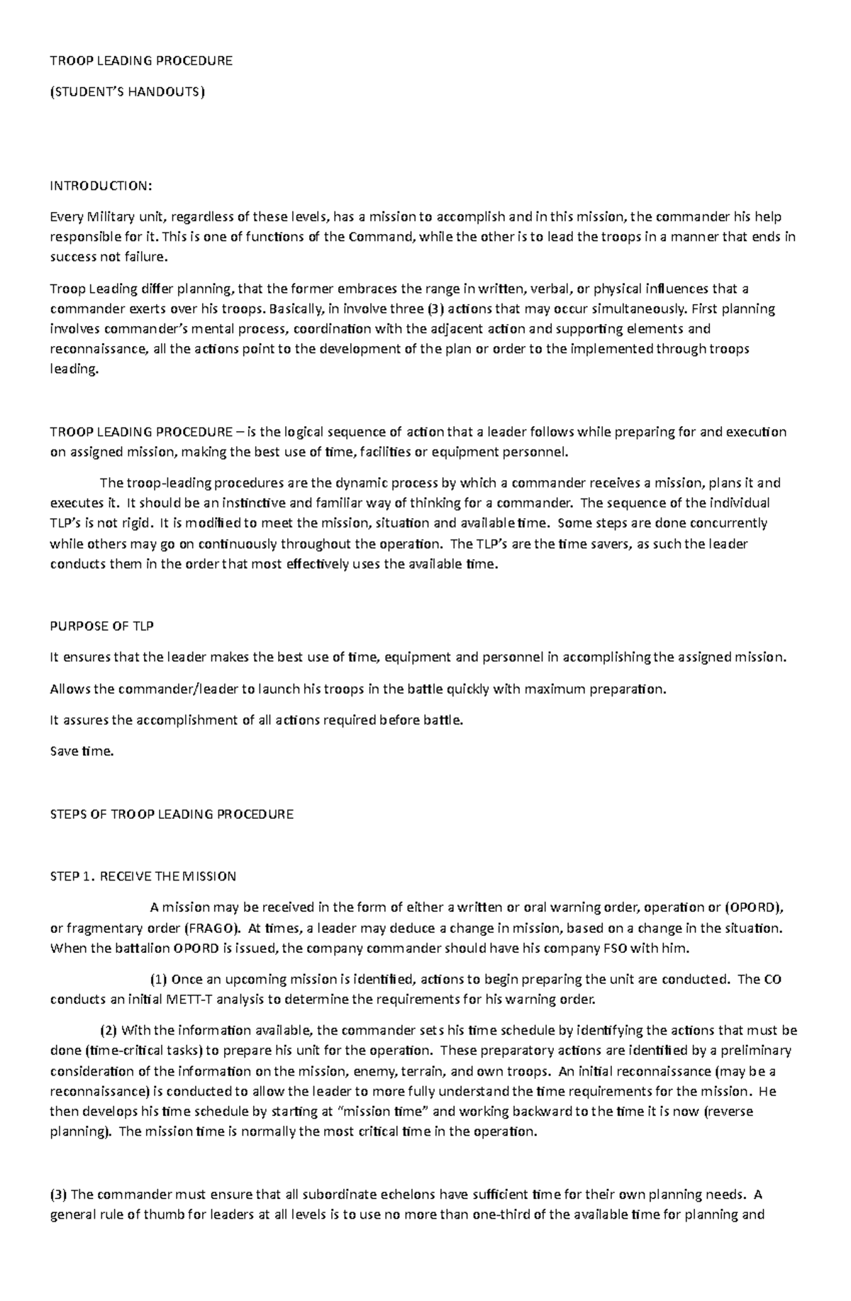 Troop-Leading-Procedure - TROOP LEADING PROCEDURE (STUDENT’S HANDOUTS ...