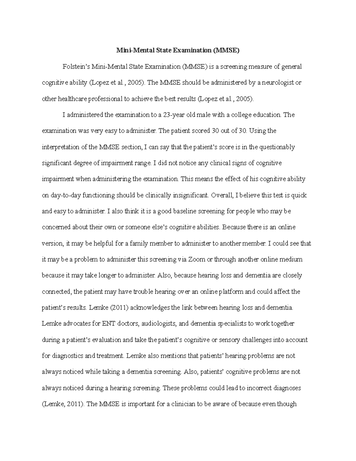 MMSE Report - Mini-Mental State Examination (MMSE) Folstein’s Mini ...