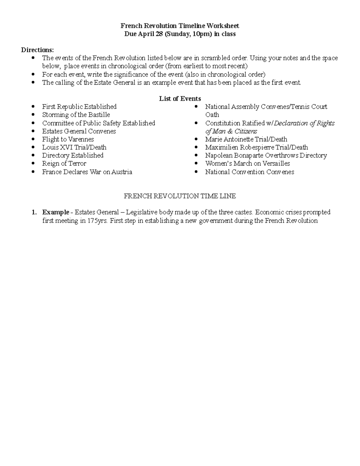 French Revolution Timeline Wksht - French Revolution Timeline Worksheet ...