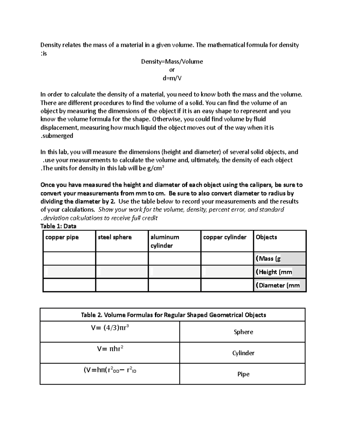 Lab 4 Worksheet version 2 - Density relates the mass of a material in a ...