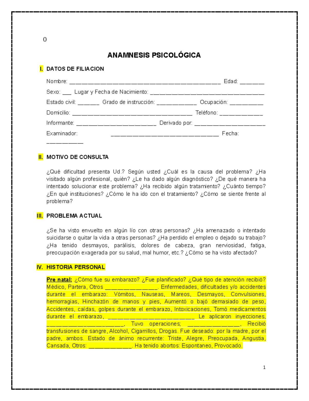 Anamnesis Psicológica (Modelo) - 0 ANAMNESIS PSICOLÓGICA I. DATOS DE FILIACION Nombre: - Studocu