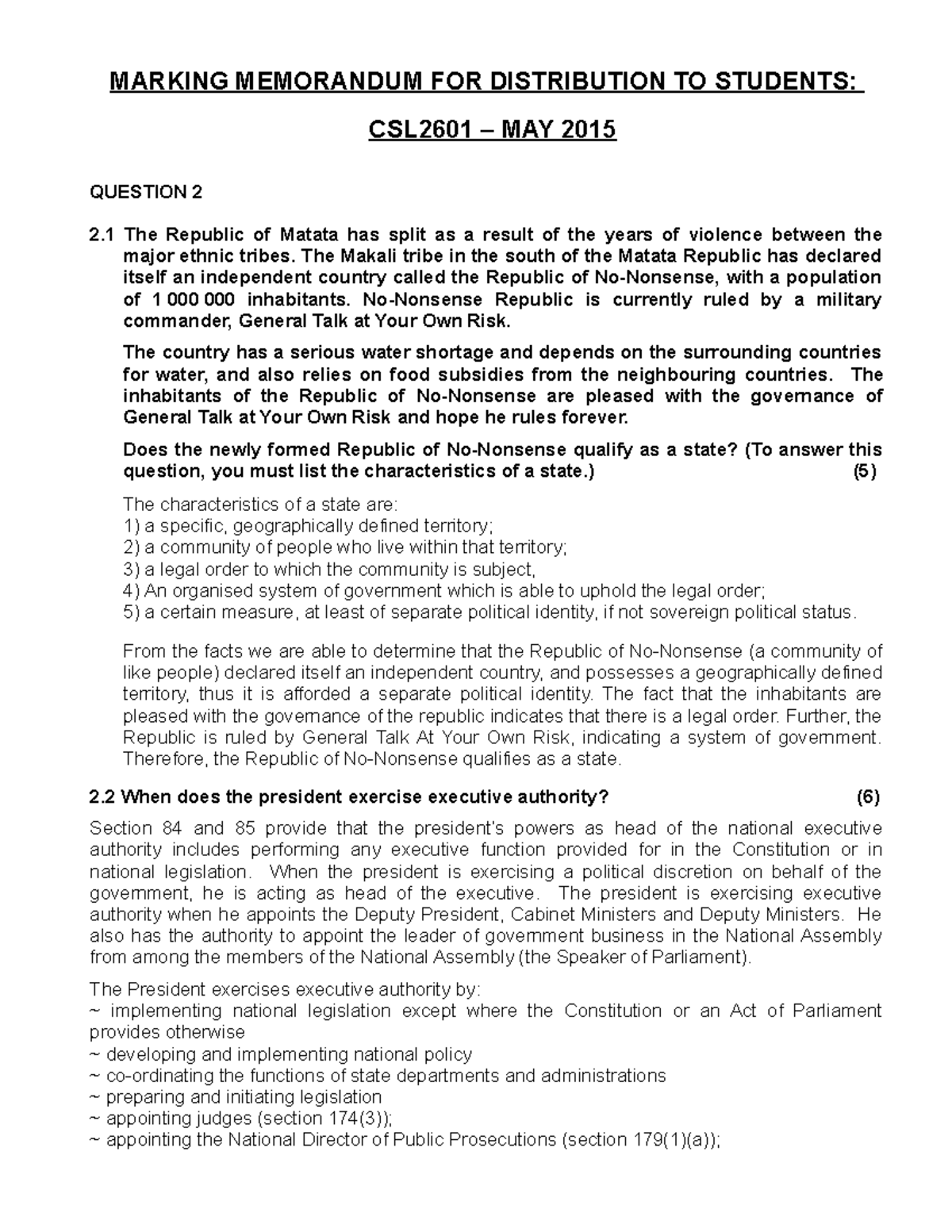 CSL2601-2601MAY2015 EXAM-2 - MARKING MEMORANDUM FOR DISTRIBUTION TO ...