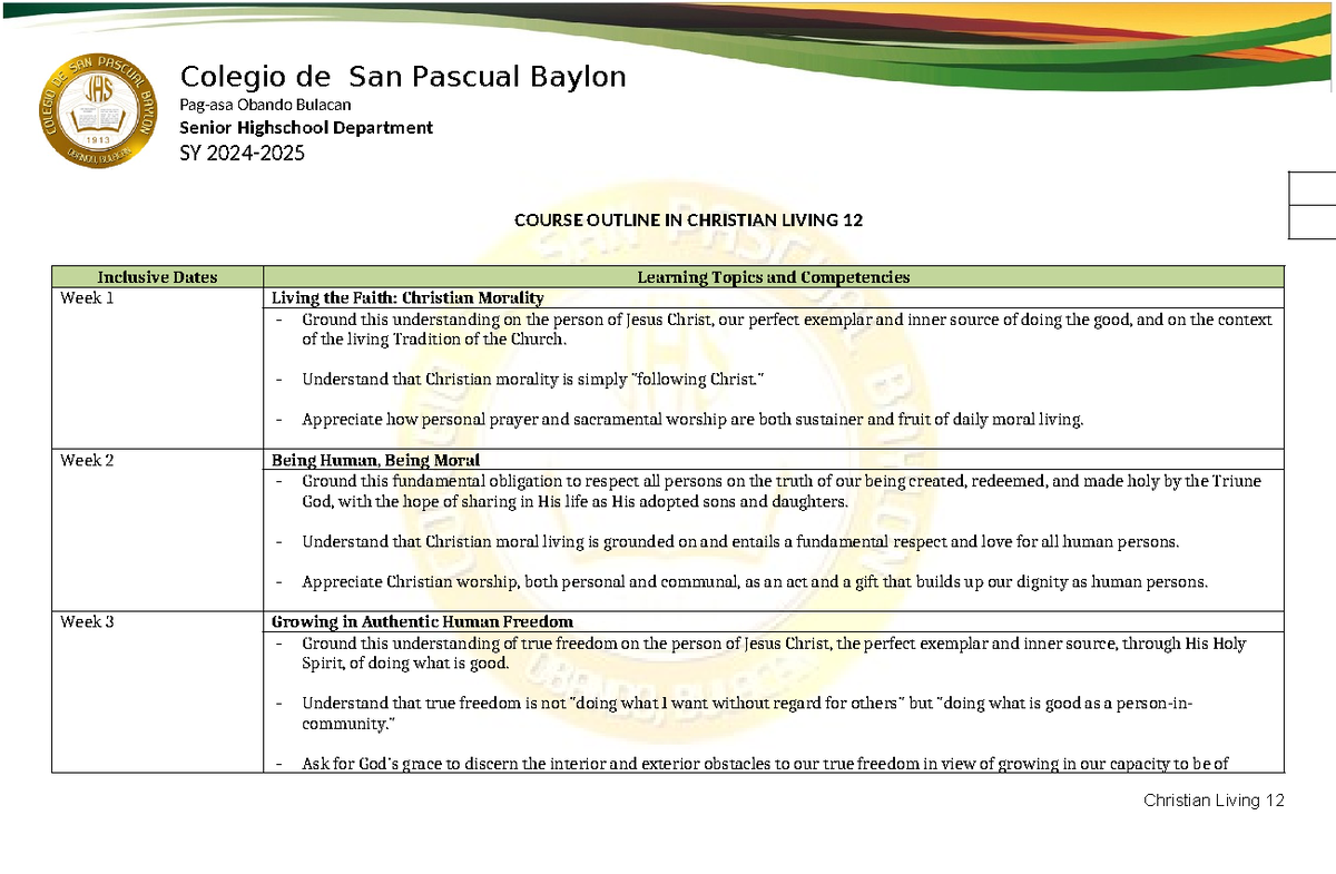 Course Outline IN Christian Living 12 - COURSE OUTLINE IN CHRISTIAN ...