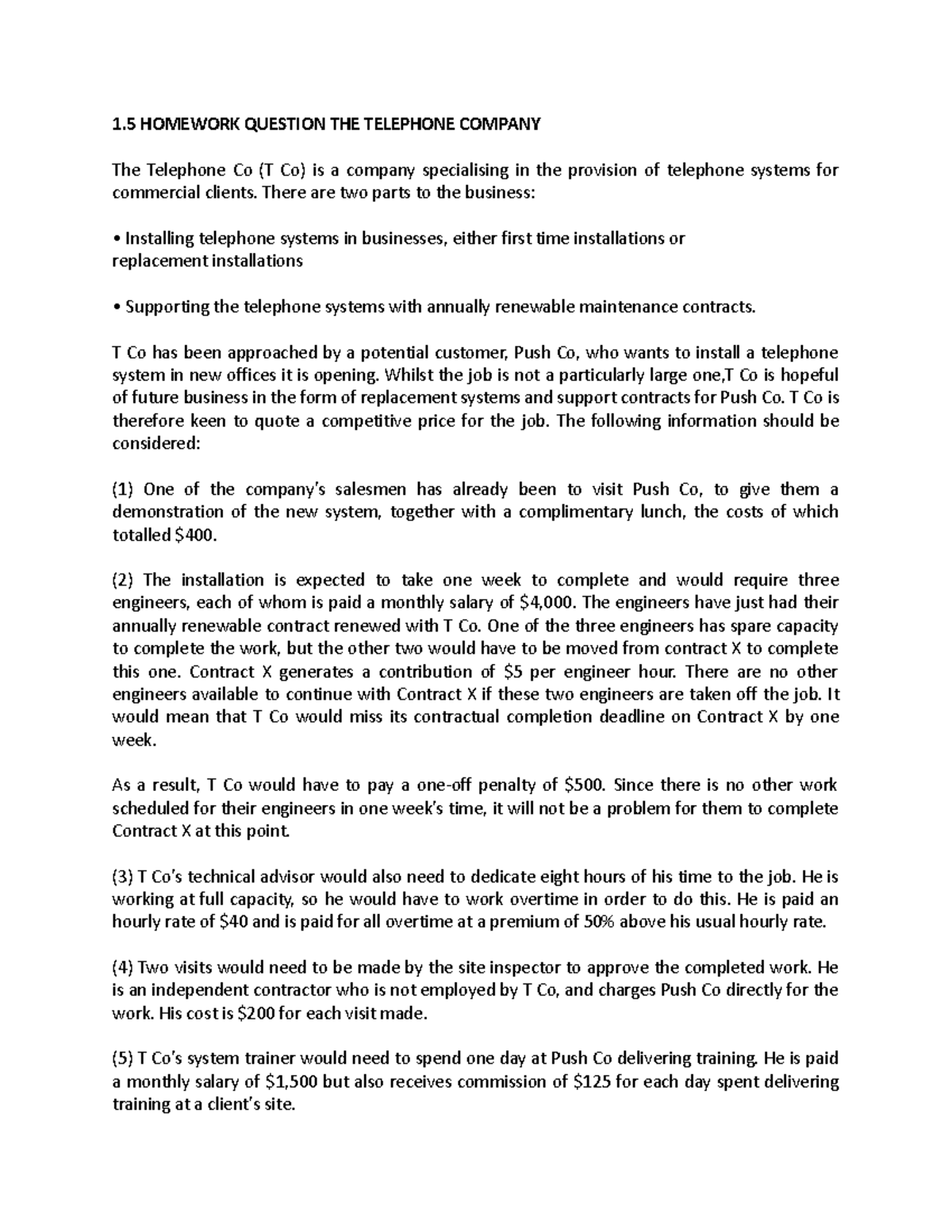 1.5 Homework Question The Telephone Company - 1 HOMEWORK QUESTION THE ...