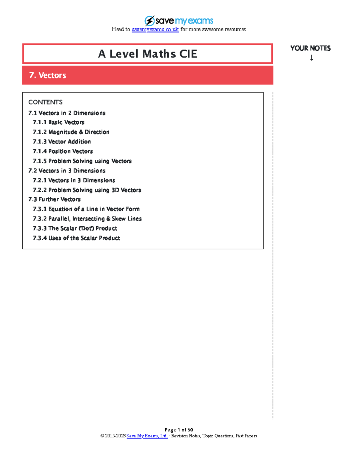 7 - Get good grades - ####### Page 1 of 50 A Level Maths CIE Vector s ...
