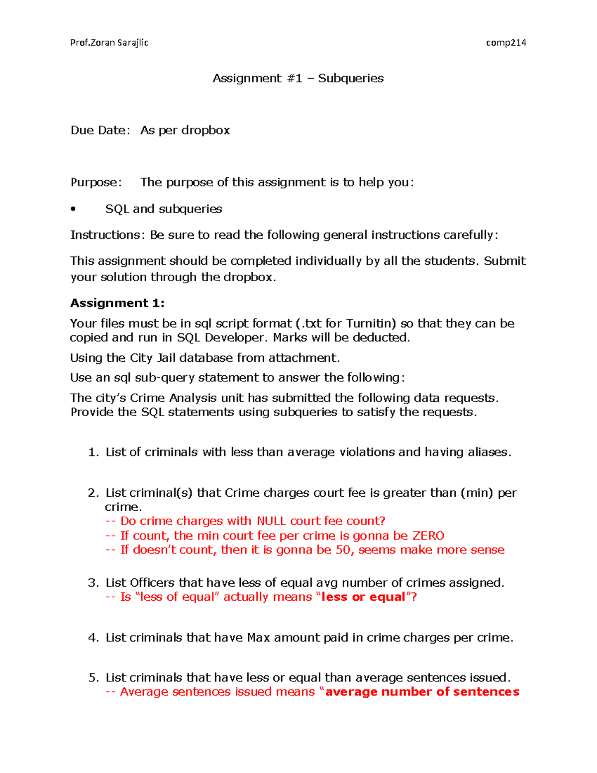 Assignment 1 M23 Assignemnt1 Prof Sarajlic Comp Assignment 1 Subqueries Due Date As Per