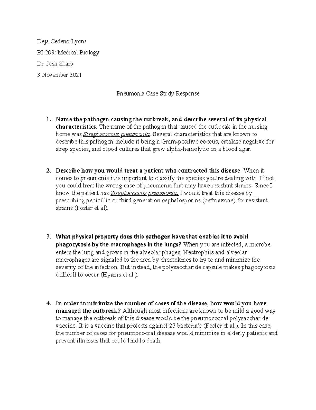 Pneumonia case study BI203 - Deja Cedeno-Lyons BI 203: Medical Biology ...