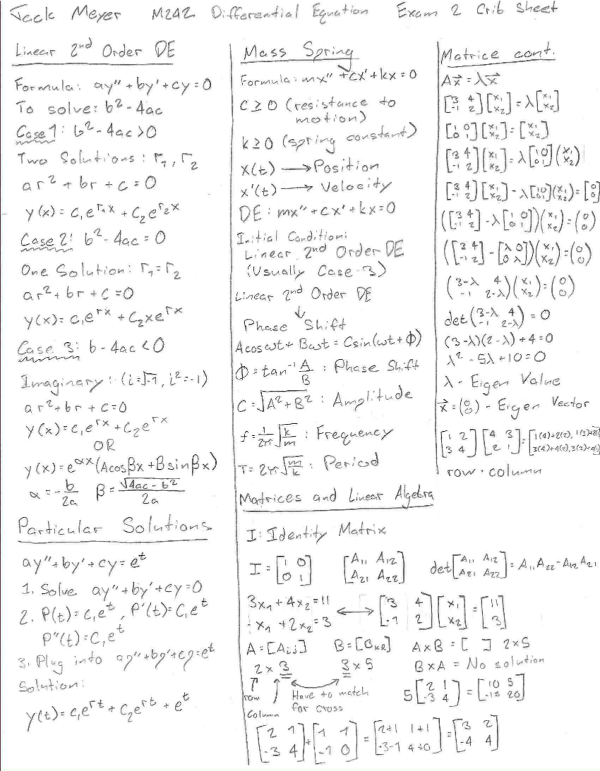 M257 Differential Equations - Exam 2 Crib Sheet - MATH 527 - Studocu