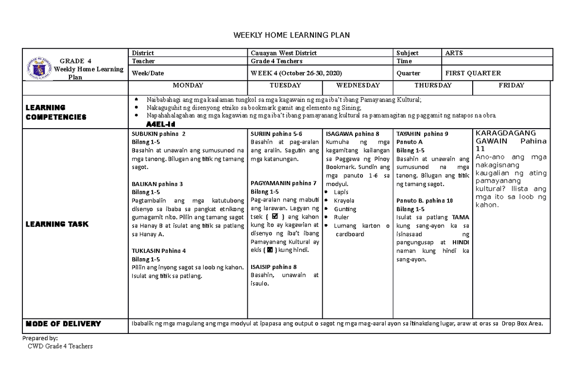 G4-Q1-WEEK 4- Weeklyhomeplan-ARTS - WEEKLY HOME LEARNING PLAN GRADE 4 ...