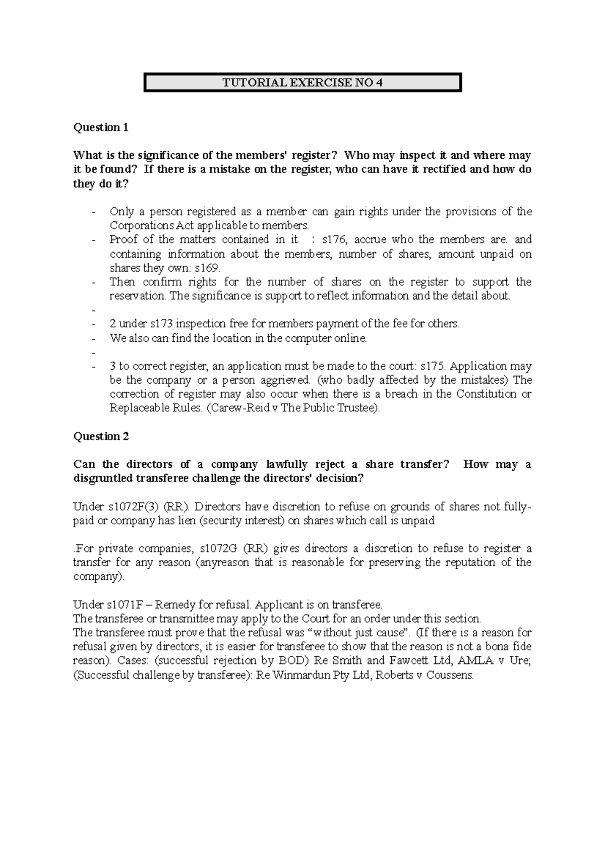 Tutorial Exercise NO 4 LAWS - TUTORIAL EXERCISE NO 4 Question 1 What is the significance of the ...