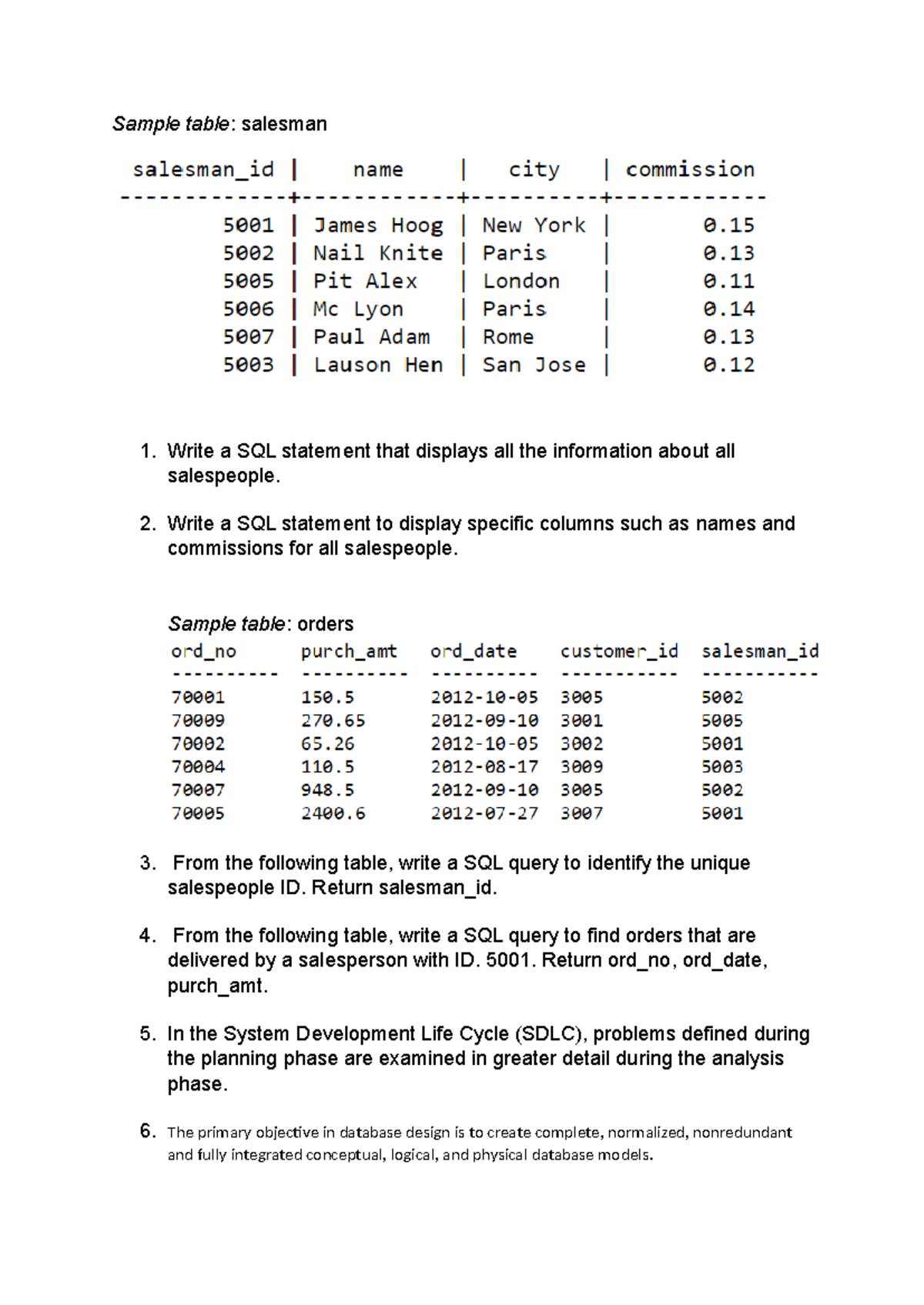 IDB revision exercise question - Sample table: salesman 1. Write a SQL ...