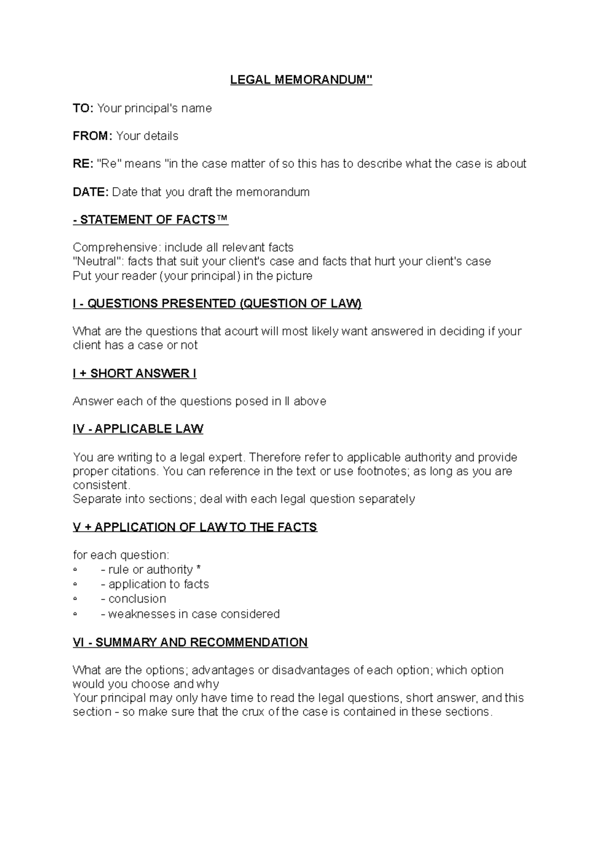 Template Legal Memorandum - LEGAL MEMORANDUM" TO: Your principal's name ...