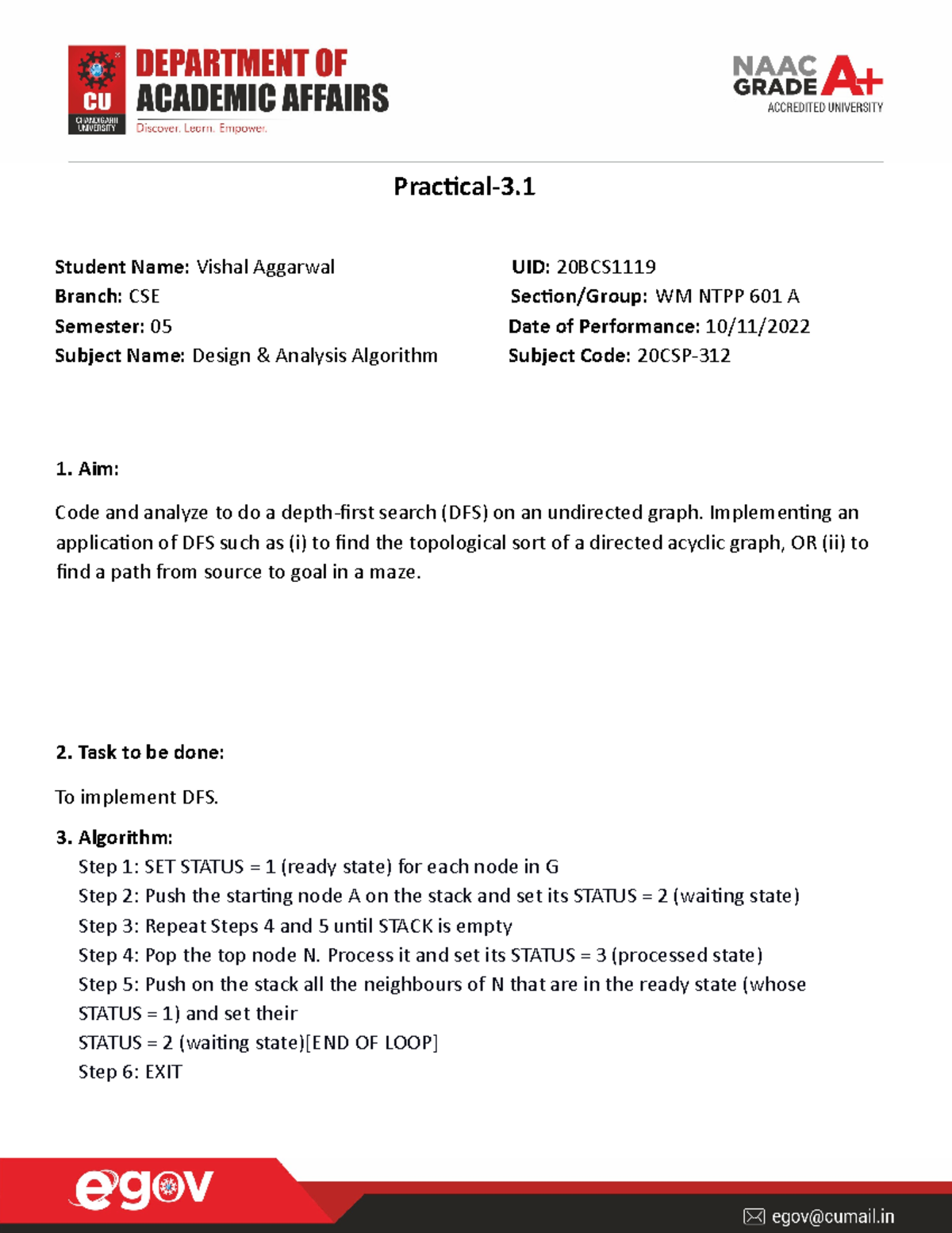 DAA 3.1 Vishal 1119 - ssaddefwfer rf,enkfj enwl - Practical-3. Student Name: Vishal Aggarwal UID ...