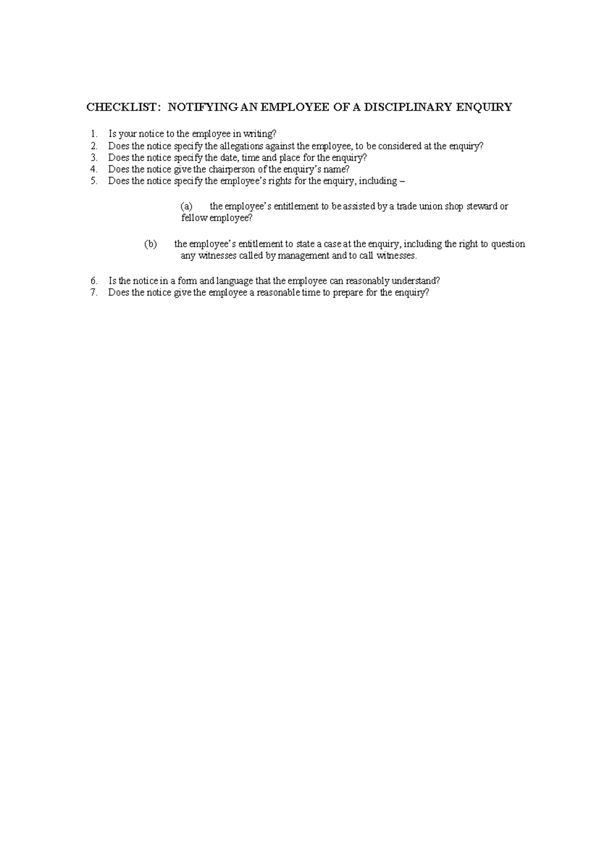Checklist for dc enquiry - CHECKLIST: NOTIFYING AN EMPLOYEE OF A ...