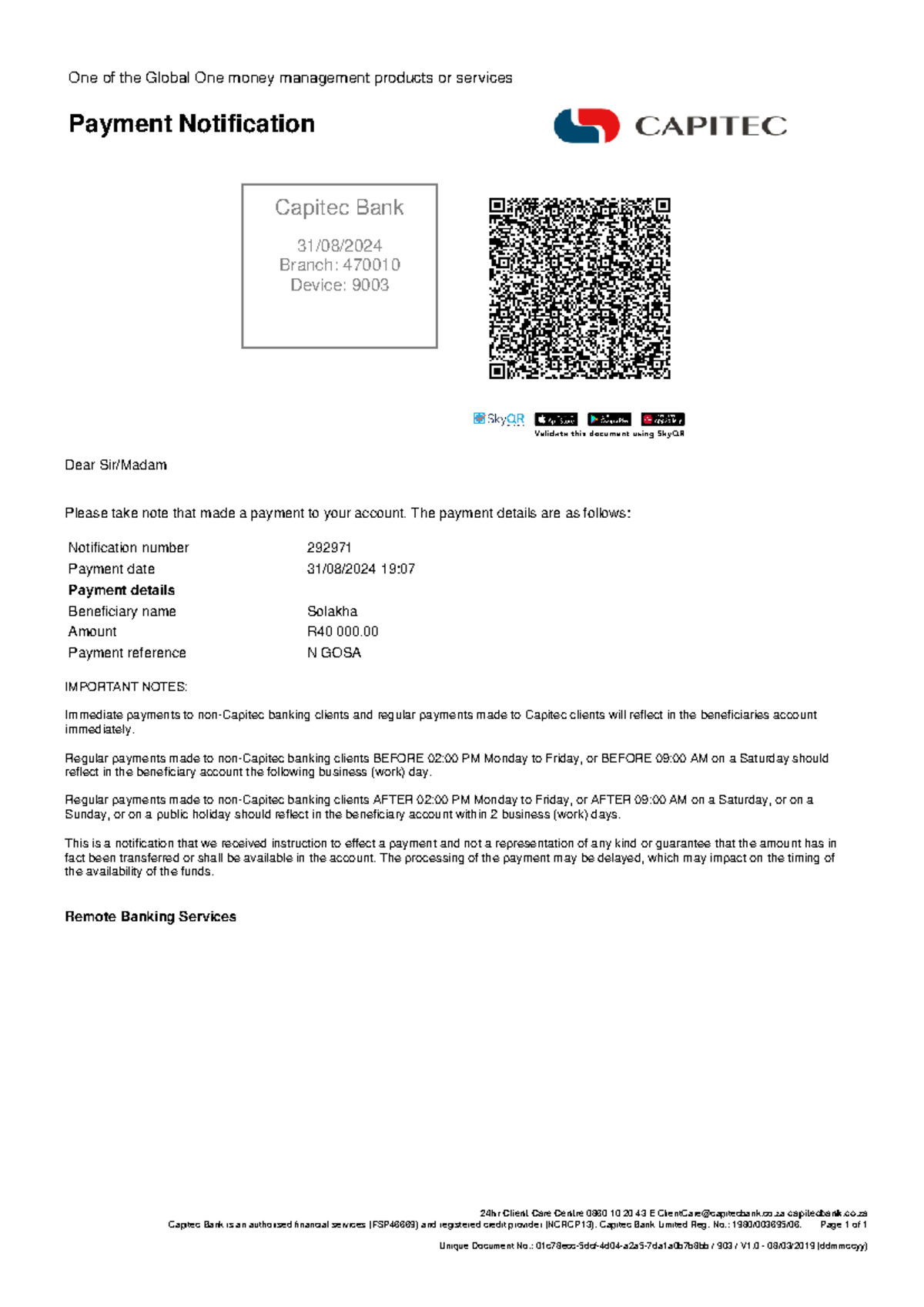 Payment Notification-13 - Capitec Bank 31/08/ Branch: 470010 Device ...