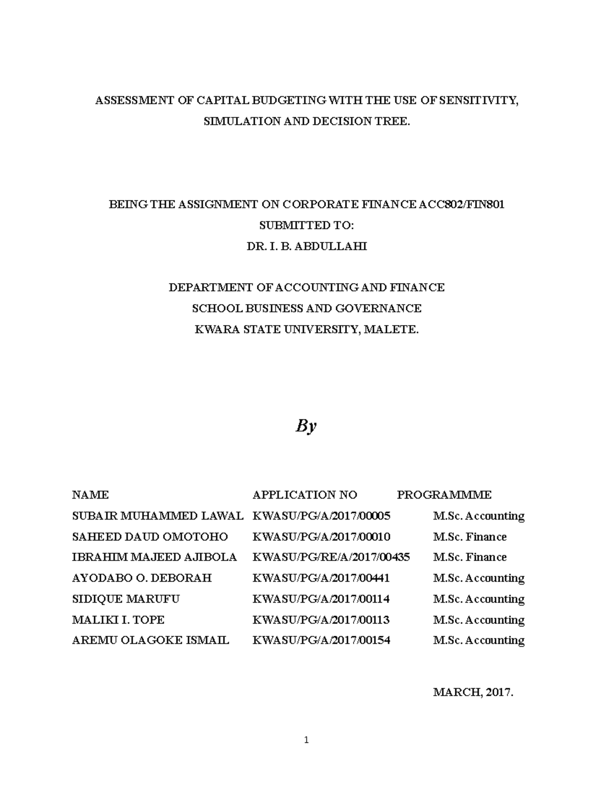 Corporate Finance Assignment 1 - ASSESSMENT OF CAPITAL BUDGETING WITH ...