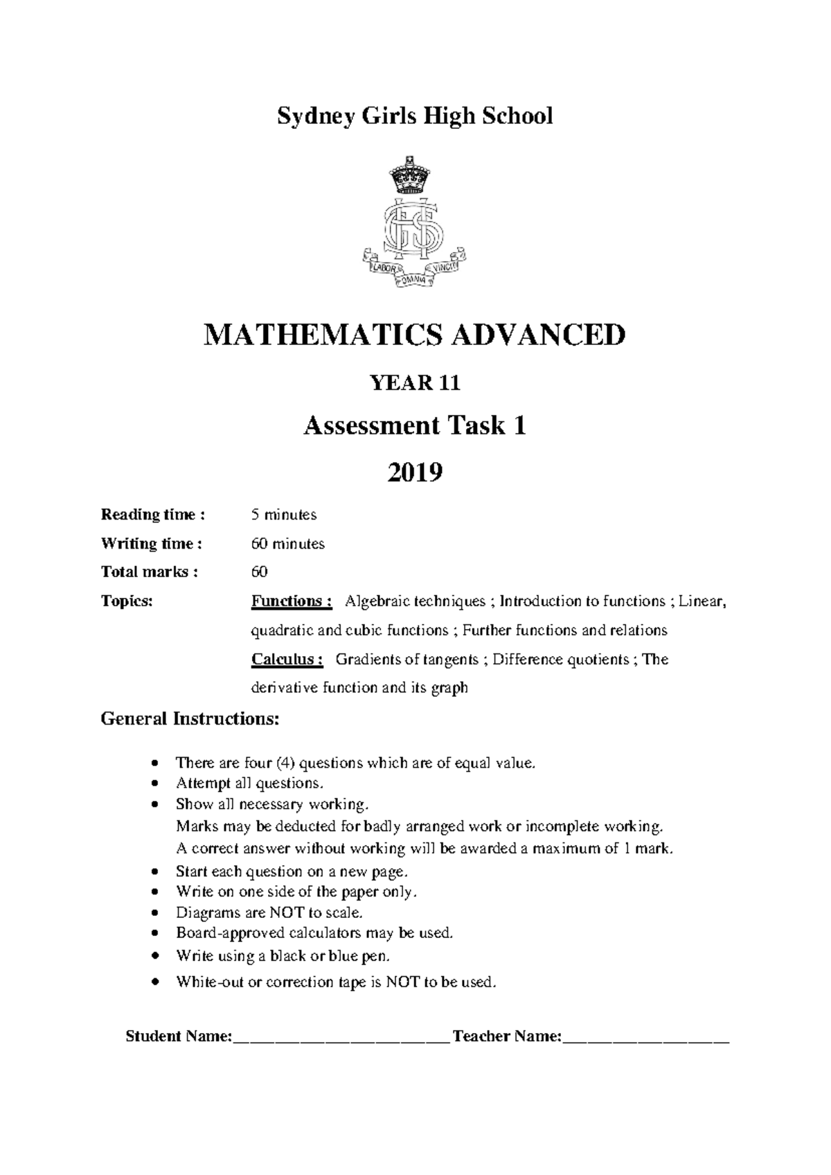 2019 Sydney Girls Y11 2U Task 1 - Sydney Girls High School MATHEMATICS ...