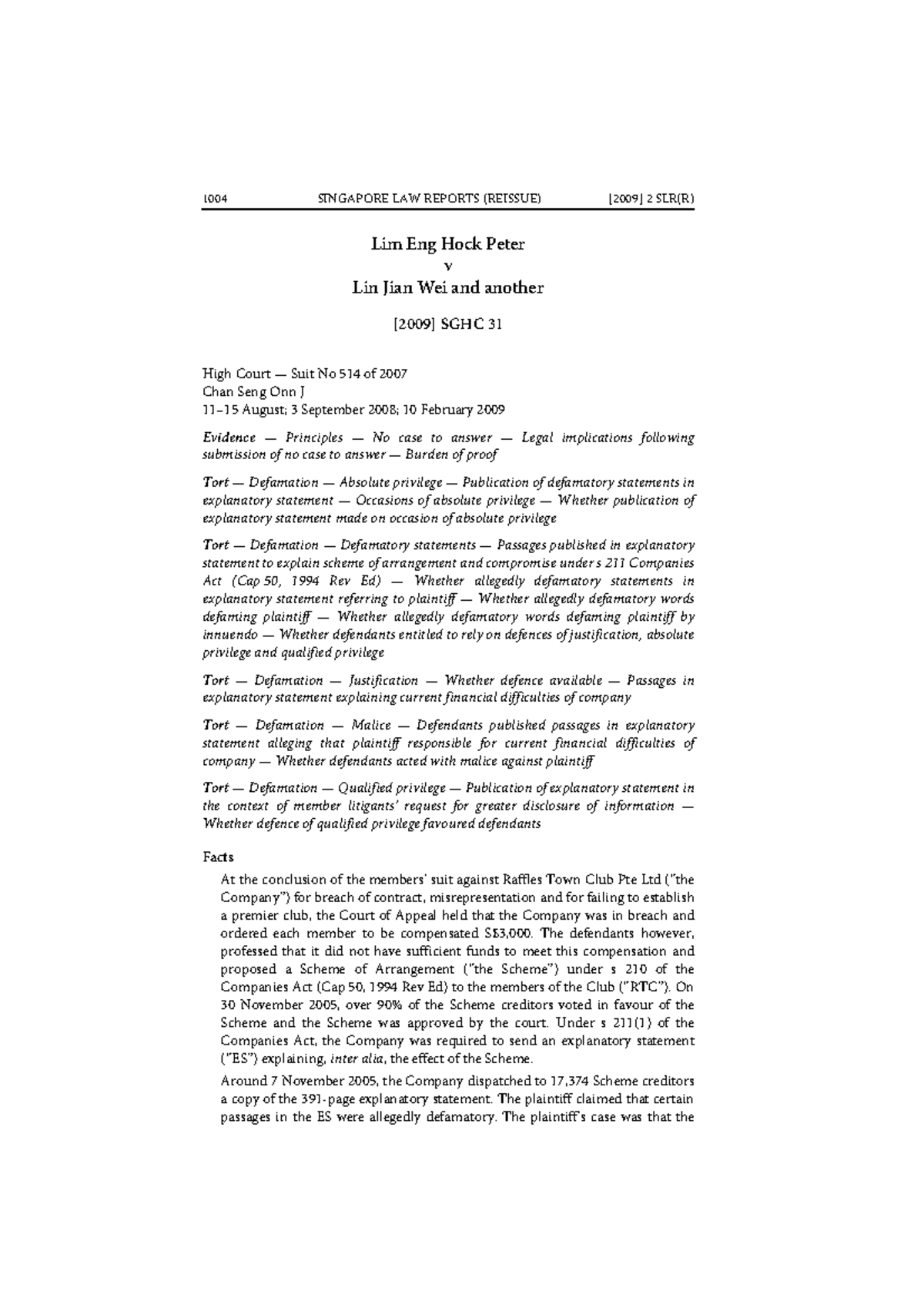 Lim Eng Hock Peter v Lin Jian Wei and another [2009 ] 2 SLR(R) 1004 ...