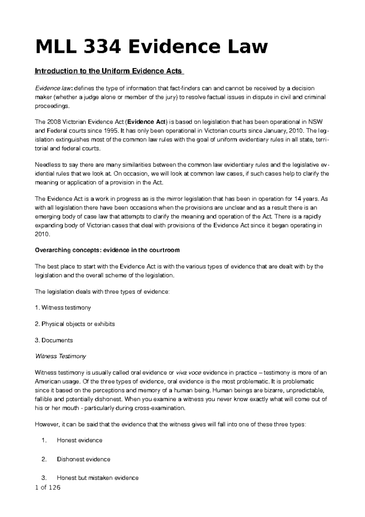 MLL334 Evidence Notes MLL 334 Evidence Law Introduction To The mll334-evidence-notes-mll-334-evidence-law-introduction-to-the