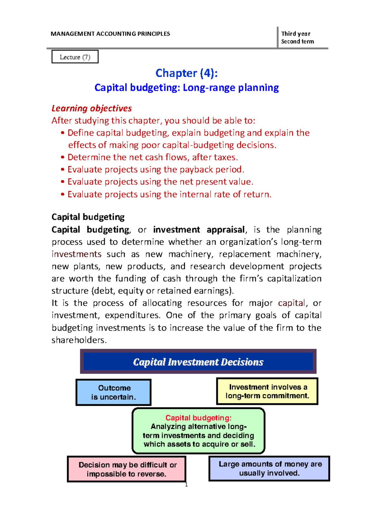 11- Chapter 4- Capital budgeting - Second term Chapter (4): Capital budgeting: Long-range ...