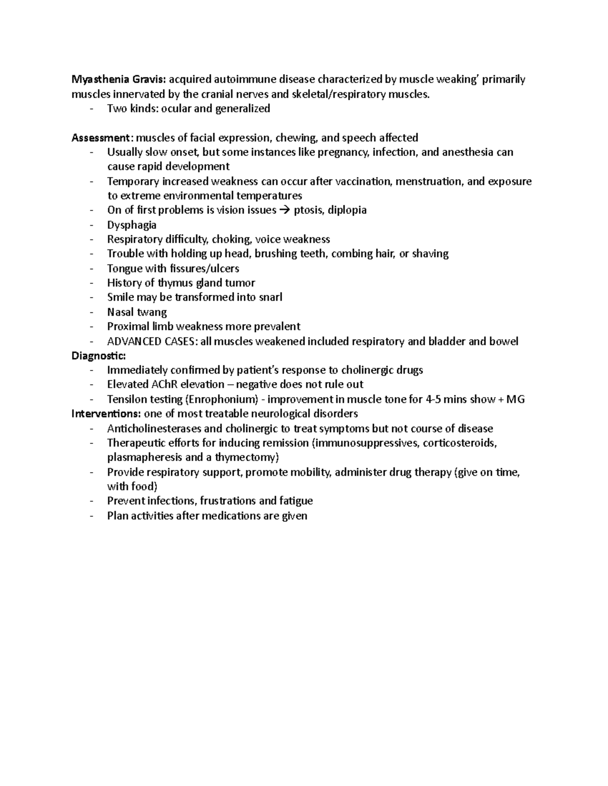 Myasthenia Gravis Study Guide concept map - Myasthenia Gravis: acquired ...