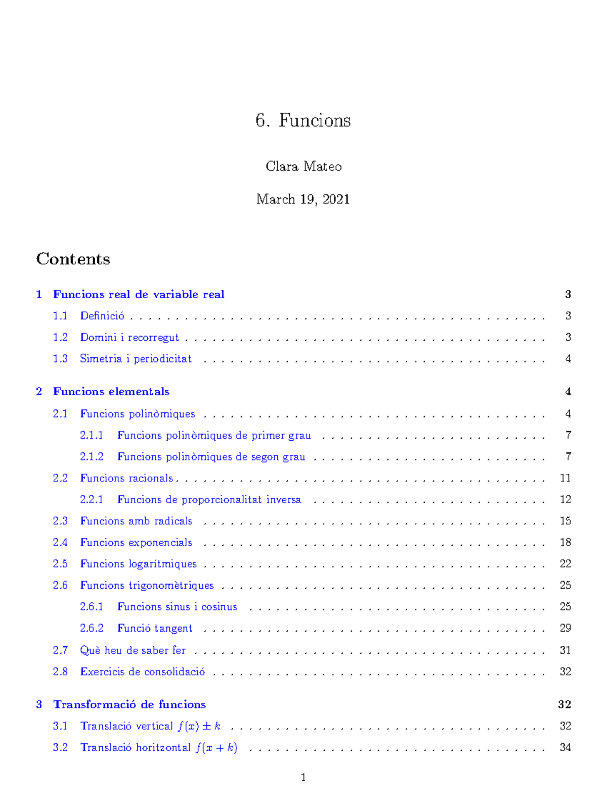 UD5 apunts funcions - ,,,, - 6. Funcions - March 19, Clara Mateo 1 Funcions real de variable ...